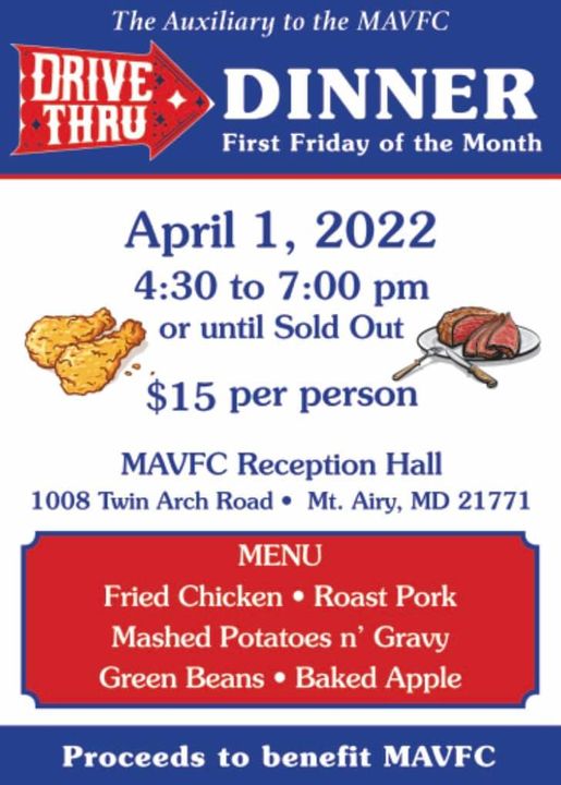 Auxiliary Drive-Thru Dinner - Mt Airy Volunteer Fire Company