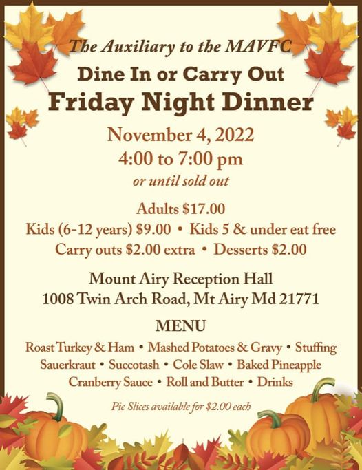 Auxiliary Friday Night Dinner - Mt Airy Volunteer Fire Company